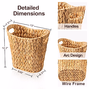 FairyHaus Wicker Trash Can with Handles, Natural Water Hyacinth Wicker Waste Basket, Handwoven Wicker Trash Basket for Bathroom Bedrooms, 13" L x 7.5" W x 12.2" H