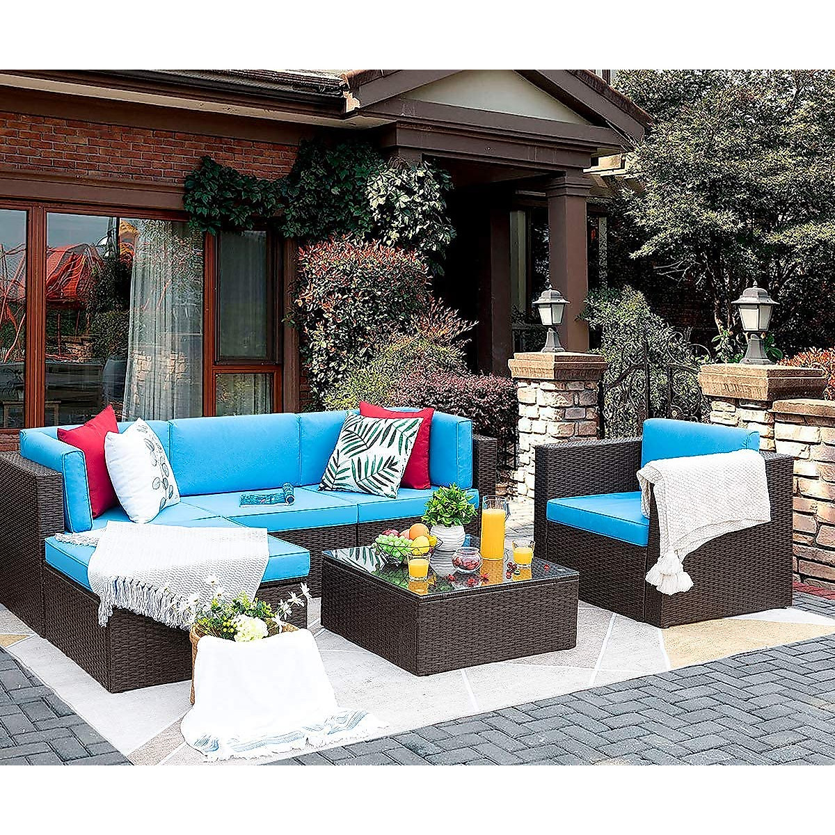 Flamaker 6 Pieces Patio Furniture Set Outdoor Sectional Sofa Outdoor Furniture Set Patio Sofa Set Conversation Set with Cushion and Table (Blue)
