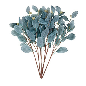 RUJIU 6 Pieces/lot Artificial Plants Fake Eucalyptus Leaves of Bouquet for Bride Home Table Garden Decoration (Light Blue)