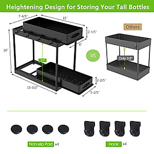 Under Sink Organizer with Dual Sliding Drawers, 2 Tier Under Kitchen Sink Organizers and Storage with 4 Hooks, Slide Out Under-Sink Storage for Bathroom Organizer, Kitchen Organization (Black)