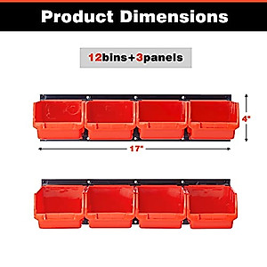 Ultrwall 12 PCS Bins & 3 Rails, Plastic Hanging Storage Organizer Bins, Wall mounted Garage Tool Storage Systerm, 12x bins(6.3inch X 3.2inch X 4inch), 3 x rails (17inch)