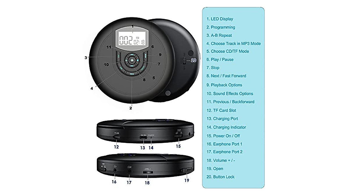 Portable CD Player with Built-in Speakers & Rechargeable Battery