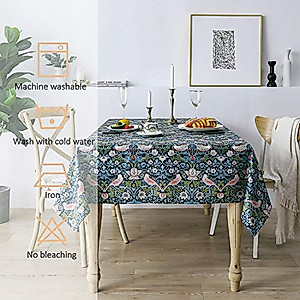 Obal William Morris Tablecloth Original Design Green Table Cloth for Rectangle Tables Wipeable Polyester Fabric Table Cover Kitchen Dinning Decorations Washable, 91"x55" (Strawberry Thief)