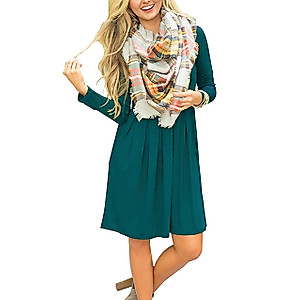 AUSELILY Women's Long Sleeve Dress Pleated Loose Swing Casual Dress with Pockets Knee Length Dresses 2025 New Dark Green M