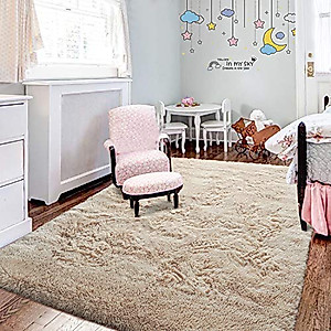 Toneed Fluffy Bedroom Rug, 4 x 6 Feet Shaggy Area Rug Modern Furry Rug Plush Fuzzy Carpet for Living Room Drom Kids Room Nursery Kindergarten Home Decorative, Beige