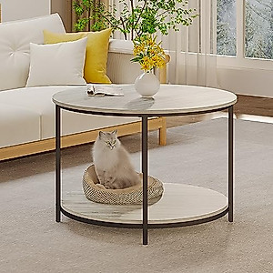 FREDEES Wood Round Coffee Table - 31.5" W x 22" H Coffee Table for Living Room, Home Furniture with Wooden Desktop & Sturdy Metal Legs & Storage Shelf