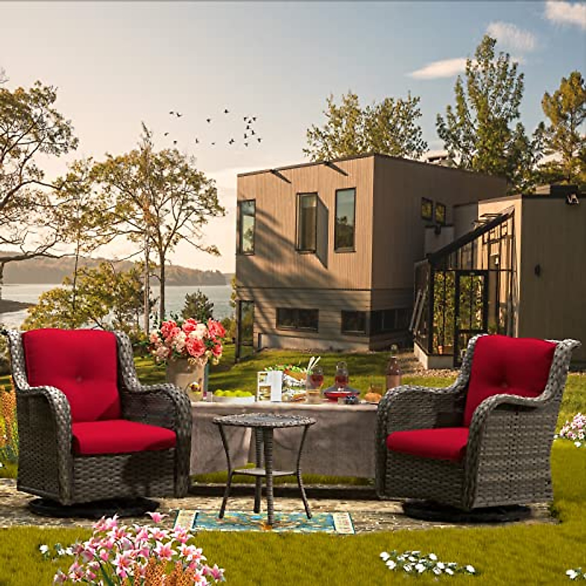 Joyside Outdoor Swivel Rocker Patio Chairs Set of 2 and Matching Side Table - 3 Piece Wicker Patio Bistro Set with Premium Fabric Cushions(Brown/Red)