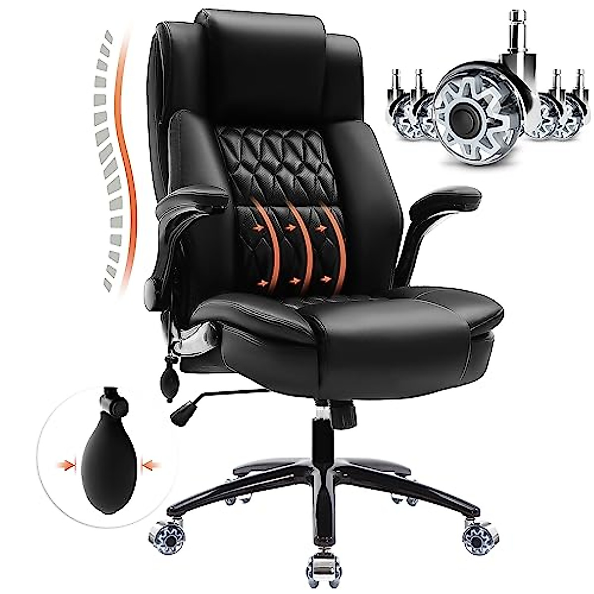 Large High Back Office Chair - Adjustable Lumbar Support Flip Up Arms Heavy Duty Quiet Wheels Metal Base Breathable Bonded Leather Ergonomic Executive Computer Desk Chair with Storage Bags, Black