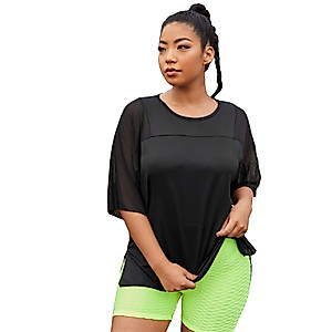MakeMeChic Women's Plus Size Athletic Shirts Casual Letter Graphic Short Sleeve Round Neck Split Workout Sports Tee Tops Black B 4XL
