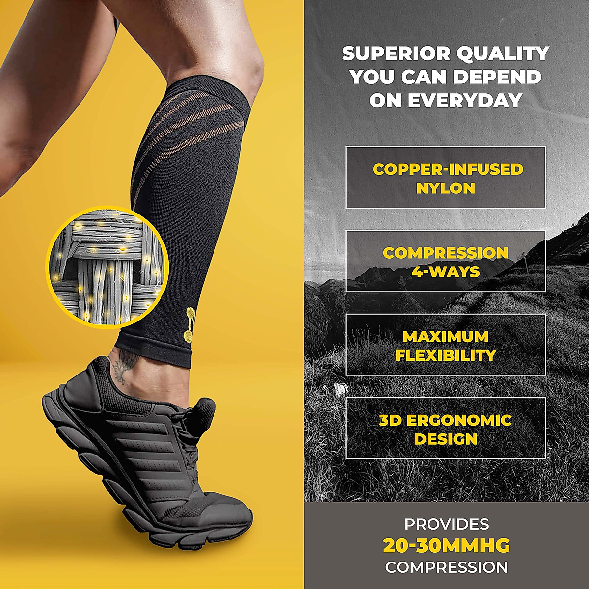 Calf Compression Sleeves for Men & Women - Leg Sleeve and Shin Splints Support - Ideal for Leg Cramp Relief, Varicose Veins, Running - 20-30mmHg Copper Infused Nylon by CopperJoint - Large