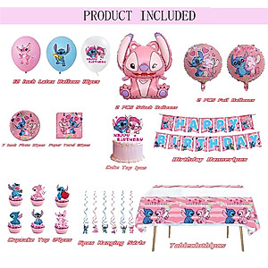 Pink lilo Birthday Party Supplies, Birthday Decorations Set Include Banner, Balloons, Cake Cupcake Toppers,Spiral Lifters,Plates,Napkins, Tablecloth for Girls and Boys Pink lilo Theme Party