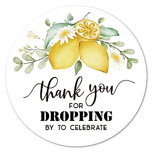 Lemon Thank You Dropping by Stickers, 2 Inch Baby Shower Birthday Party Favor Labels 40-Pack