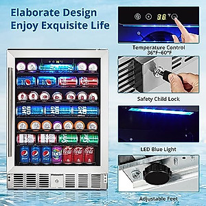 Takywep 24 Inch Beverage Refrigerator, 5.1 Cu.ft Beverage Cooler Under Counter, 166 Cans Drink Fridge for Drinks, Soda, Beer or Wine, 36～60°F Adjustable Temperature.