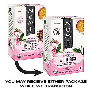 Numi Organic White Rose Tea, 16 Tea Bags, White Tea & Fragrant Rosebuds, Low Caffeine (Packaging May Vary)