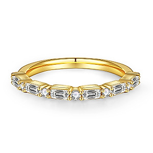 MOOSEA Baguette and Round Moissanite Anniversary Rings for Women, D Color VVS1 Clarity Lab Created Diamond Wedding Rings 14K Yellow Gold Vermeil Moissanite Stackable Rings for Women Wife Mom Gifts