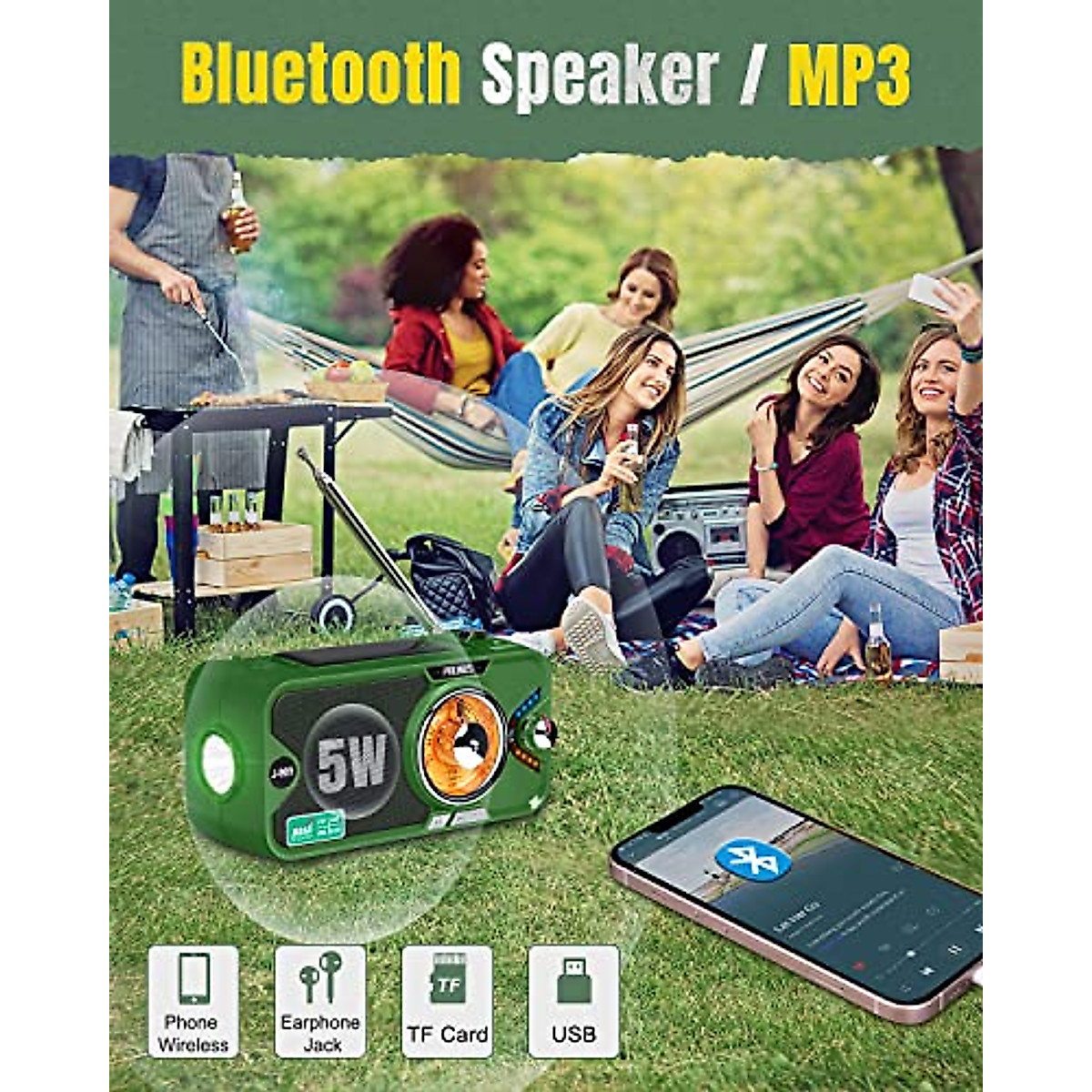 PRUNUS 3600mAh Emergency Radio Hand Crank/Solar/USB Charging, Bluetooth Speaker, Flashlight,Phone Charger,SOS Alarm, Power Bank, MP3,7 NOAA Weather Radio, Portable Radio Transistor AM FM