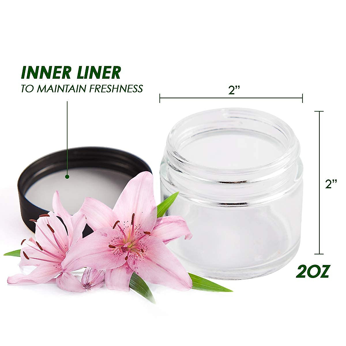 Hoa Kinh 2 ounce Glass Jars with Lids, 24 Pack Round Glass Jars, Small Clear Glass Container with Black Plastic Smooth Lids