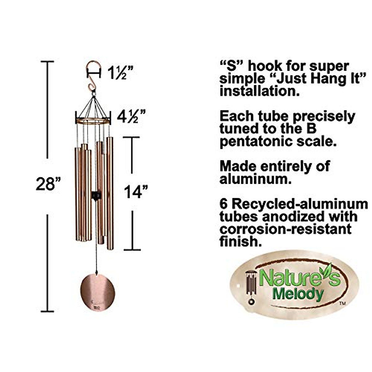 Nature’s Melody Aureole Tunes Wind Chimes – Outdoor Windchime with 6 Tubes Tuned to B Pentatonic Scale, 100% Rustproof Aluminum, Powder Finish & S Hook Hanger for Sympathy, Memorial Gift or Zen Garden