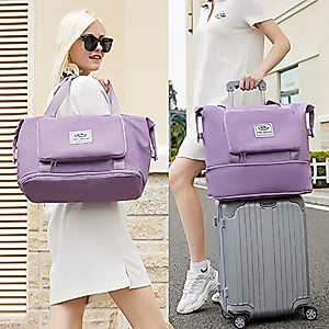 ZGWJ Travel Tote Bags, Expandable Overnight Weekender Bag for Women Foldable Carry-On Bag Hospital Bag Essentials Workout Bag Spirit Airlines Personal Item Bag with Trolley Sleeve, Purple