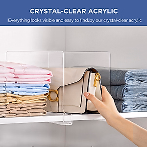 Vorey 6 Pcs Acrylic Shelf Dividers for Closet Organization, Clear Closet Shelf Divider for Wooden Shelving, Suitable for Sweater, Shirts, Handbags in Bedroom and Kitchen
