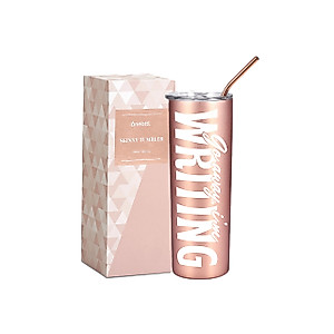 Onebttl Writer Gifts for Women - 20oz/590ml Skinny Stainless Steel Insulated Tumbler with Straw - Graduation/Birthday/Christmas Gift for Writers, Novelist, Scriptwriter - Go Away, Rosegold