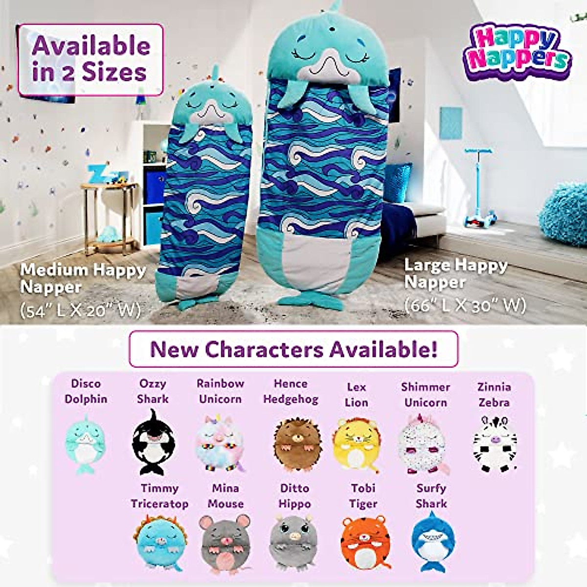 Happy Nappers Pillow & Sleepy Sack- Comfy, Cozy, Compact, Super Soft, Warm, All Season, Sleeping Bag with Pillow- Blue Shark (Medium- 54” x 20”)