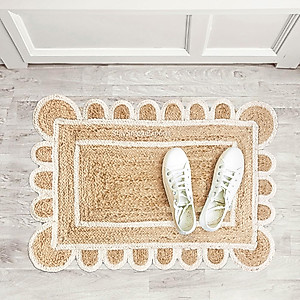 Shiv Shakti Exports White Scalloped Natural Jute Area Rug, Natural Base Off White Trim (2x3 Feet / 61x92 Cm)