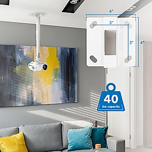 Mount-It! Wall or Ceiling Projector Mount with Universal LCD/DLP Mounting for Epson, Optoma, Benq, ViewSonic Projectors, 44lb Load Capacity, White