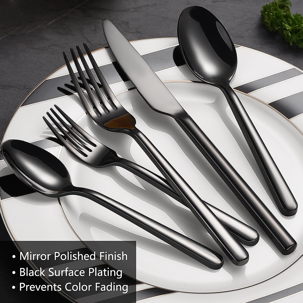 40-Piece Black Silverware Set for 8, Heavy-Duty 18/0 Stainless Steel Black Flatware Cutlery Set, Modern Round Handle Black Utensils Set, Dishwasher Safe for Home, Restaurant, Mirror Black, 40-PCS