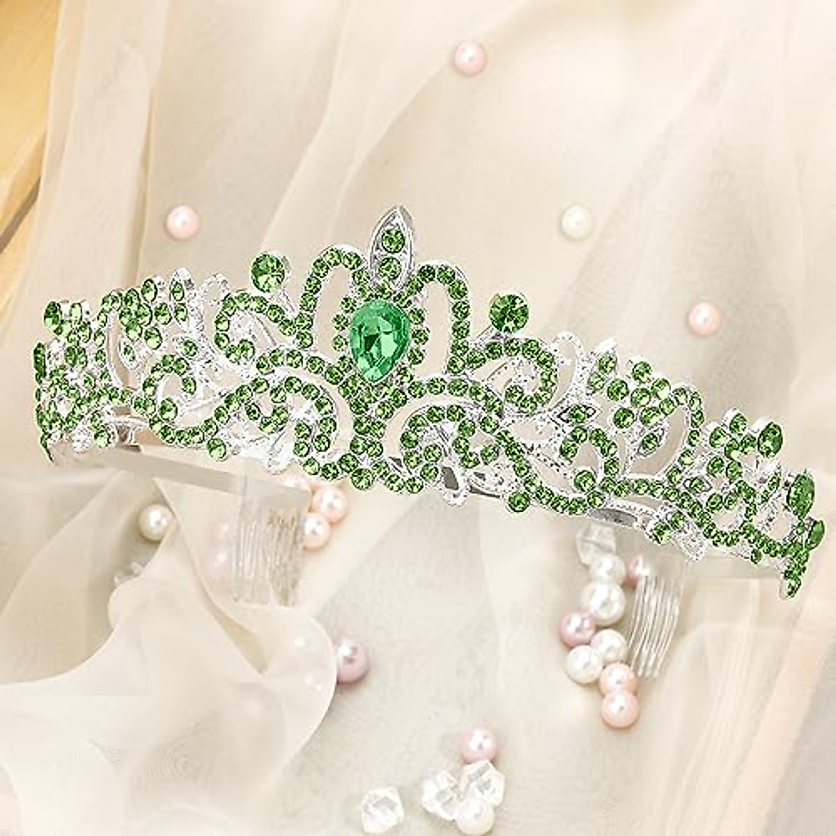 Green Crown Tiaras for Women Rhinestone Crystal Headbands Happy Princess Birthday Girl Crown with Combs Elegant Headdress Decorations for Christmas Bridal Wedding Prom Party Costumes Gifts