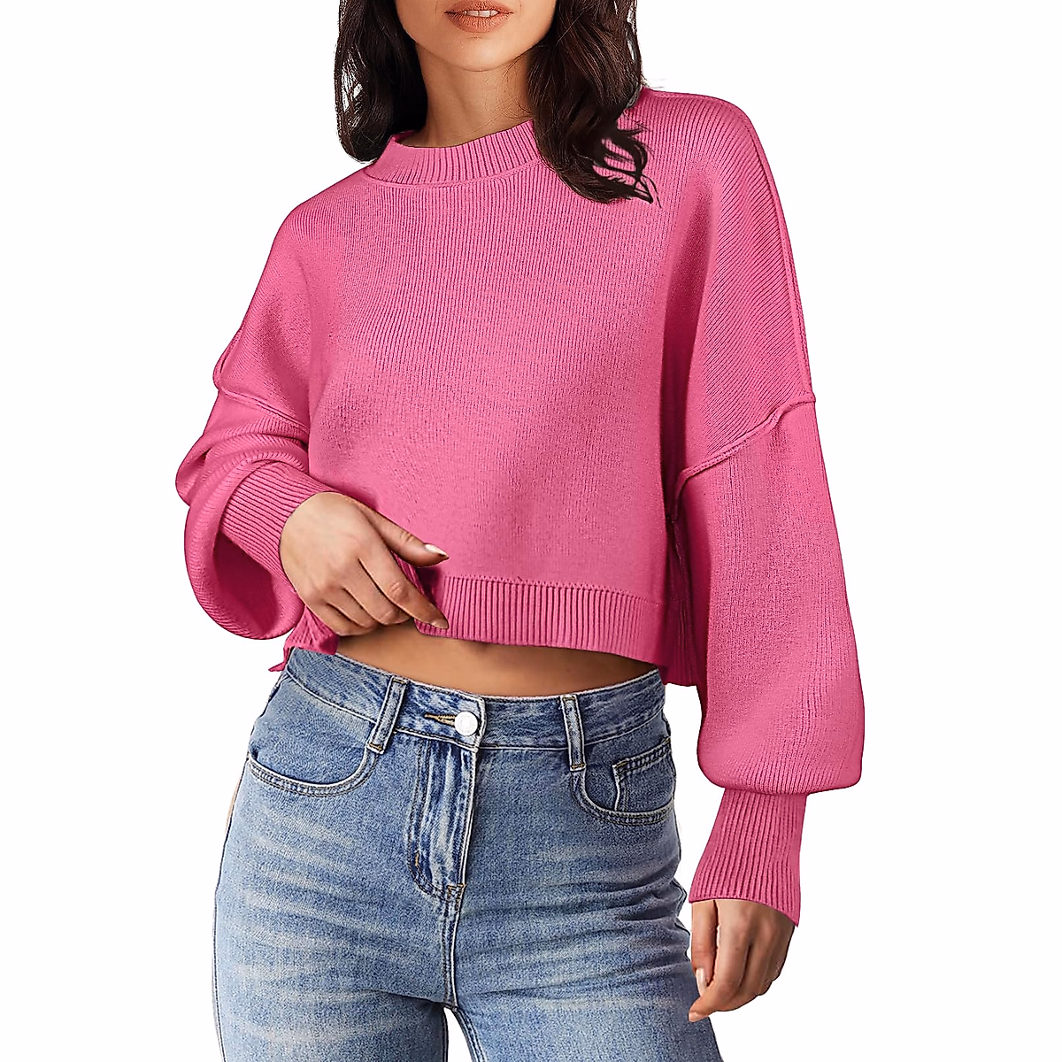 MEROKEETY Oversized Cropped Sweaters for Women Fall 2025 Trendy Crewneck Batwing Sleeve Knit Tops Side Slit Pullover Sweater Jumper HotPink Small