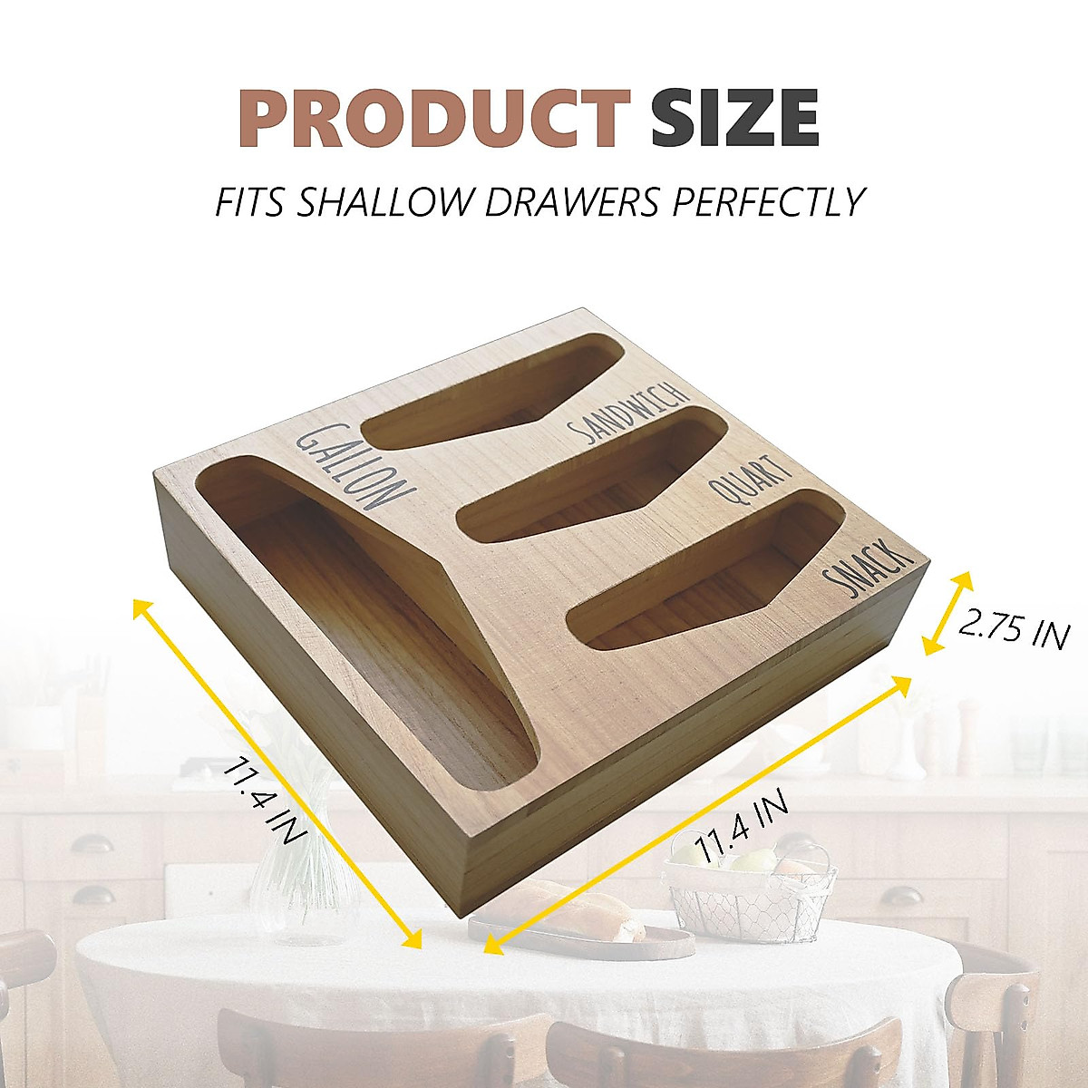 Ziplock Bag Storage Organizer, Wood Kitchen Food Baggie Dispenser Box for Drawer, Compatible with Most Brands Gallon Bag, Quart Bag, Sandwich Bag, Snack Bag