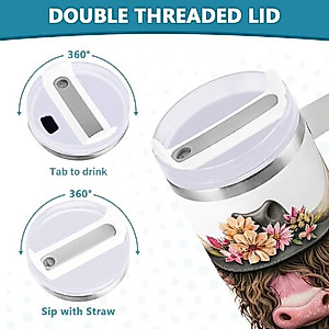 RPLIFE Beautiful Pink Highland Cow White Coffee Tumbler, Stainless Steel Coffee Cup, Insulated Coffee Mug with Lid, Tumblers for Women