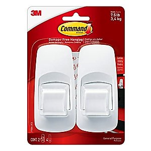 Command Jumbo Utility Hooks, Damage Free Hanging Wall Hooks with Adhesive Strips, No Tools Wall Hooks for Hanging Decorations in Living Spaces, 2 White Hooks and 4 Command Strips