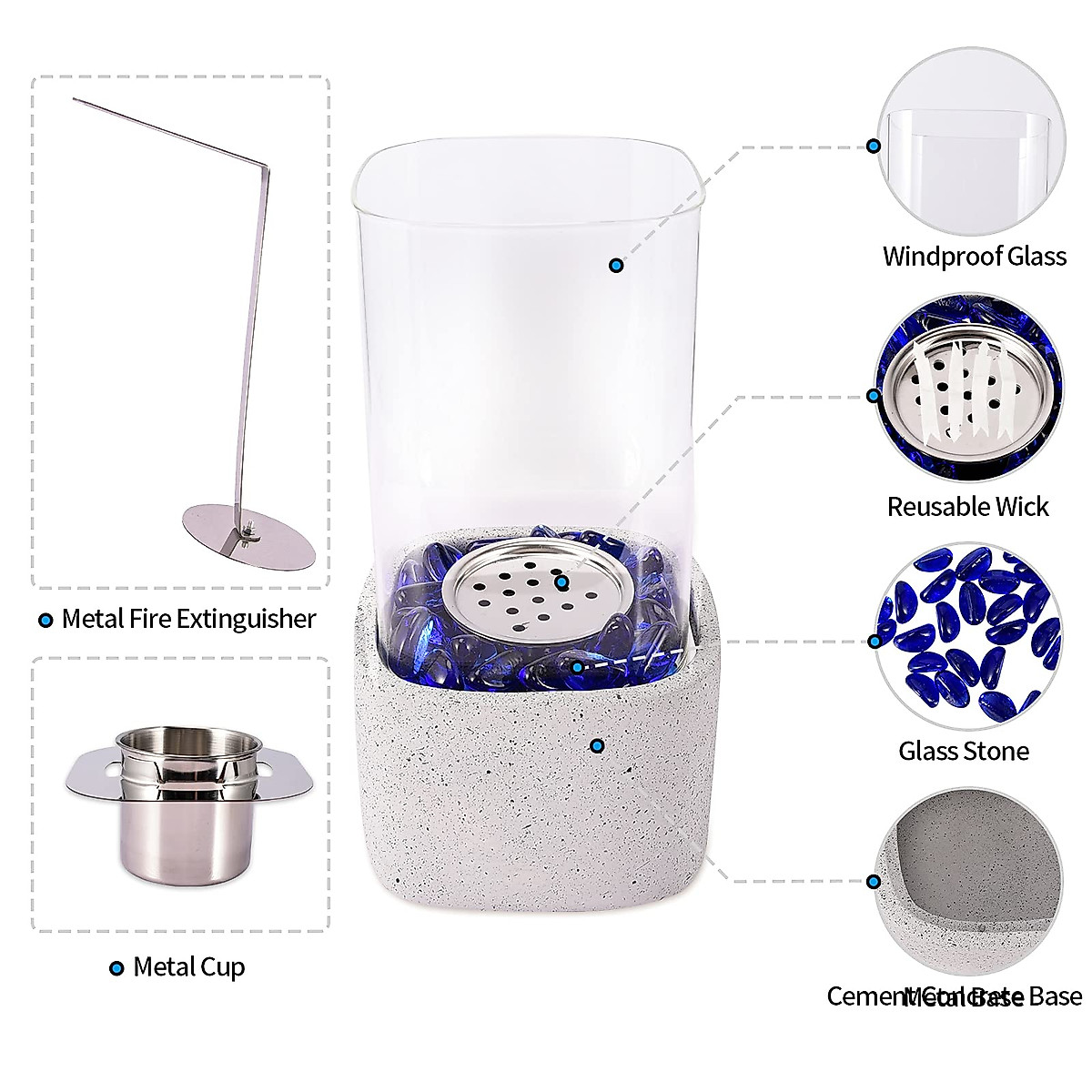 Tabletop Fireplace Indoor Out Door Tabletop Fire Pit Tabletop Fire Bowl Pot with Glass Stone Concrete Material and Windproof Glass Cover for Xmas,Valentine's Day, Birthday Party or Dining