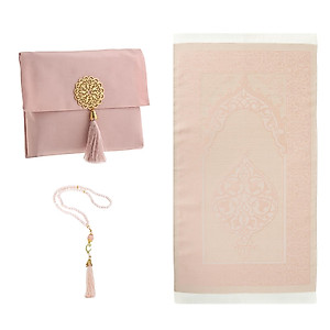 Prien Muslim Prayer Rug with Tasbih and Portable Bag, Muslim Gift for Women Men, Mubarak Islamic Box, Soft Mat Islam Gifts Set, Turkish Sajadah for Ramadan, Eid, Hajj, Travel, Pray (Powder Pink)