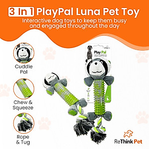 ReThink Pet PlayPal 3-in-1 Squeaky Dog Toy, Tug & Chew Plush Dog Chew Toys, High Tensile Strength Recyclable Puppy Teething Toys, Long-Lasting and Durable Dog Toys