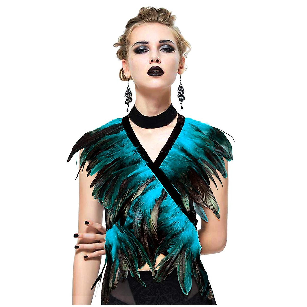 L'VOW Feather Boa Ribbon Punk Gothic Shawl Crow Witch Costume for Halloween(Acid blue)