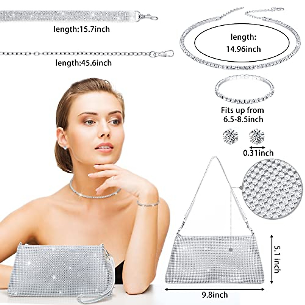 4 Pieces Silver Clutch Purses and Rhinestone Jewelry Set for Women Evening Diamond Sparkly Purses Necklace Bracelet Earrings for Wedding Bridal Party (Rhinestone Style)