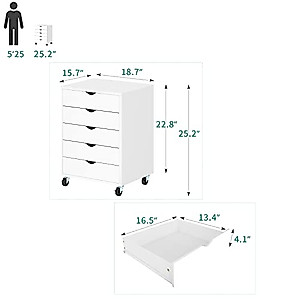 YITAHOME 5-Drawer Chest, Wood Storage Dresser Cabinet with Wheels, Dressers & Chests of Drawers, Mobile Storage Closet Organizer for Home, Office, Bedroom White