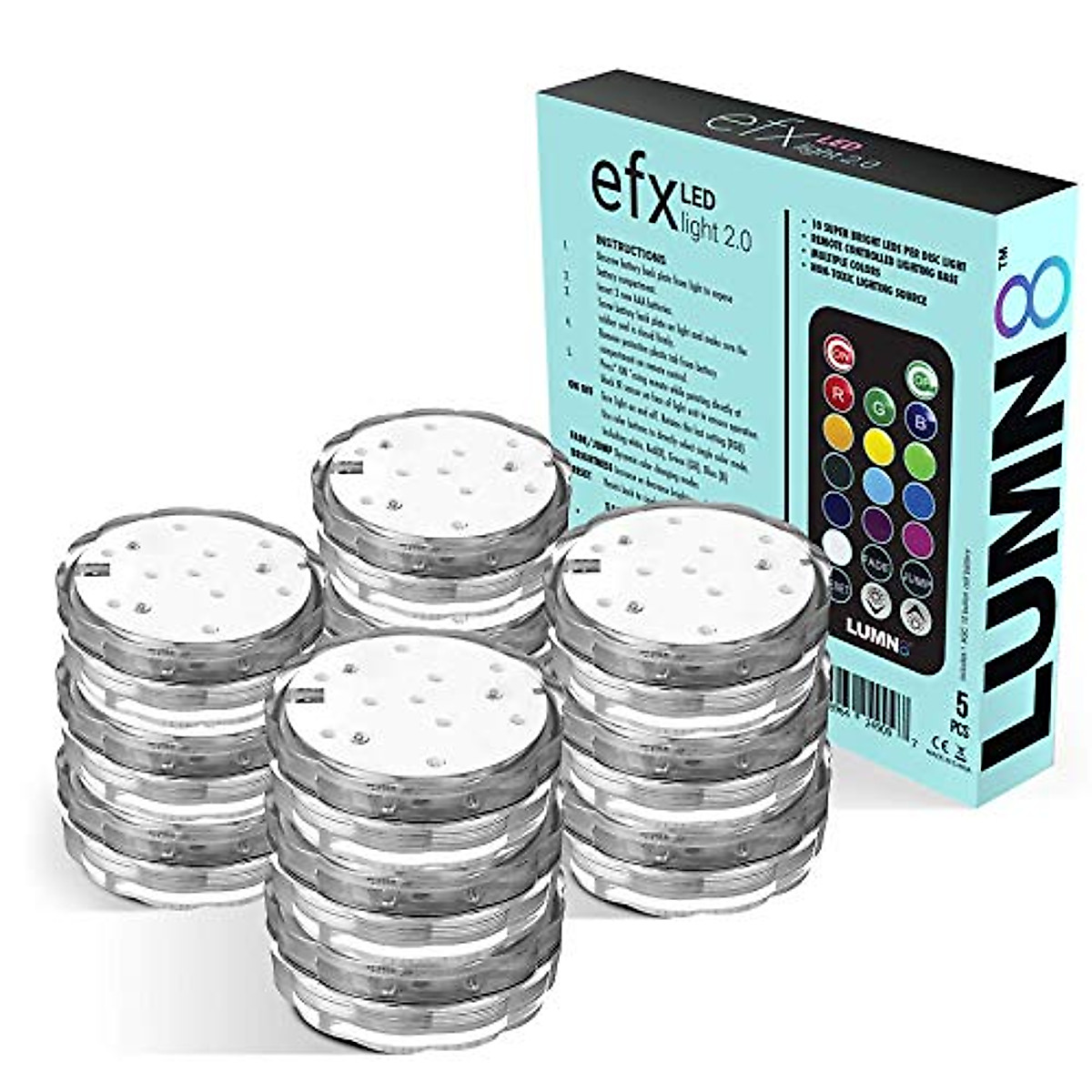 LUMN8 EFX by Boundery - Multicolor Accent Submersible, Waterproof LED Lights - Premium Indoor & Outdoor Battery Operated Lights - LED Puck Light for Events, Patio, Pool, Hot Tub, Shower - 12-Pack