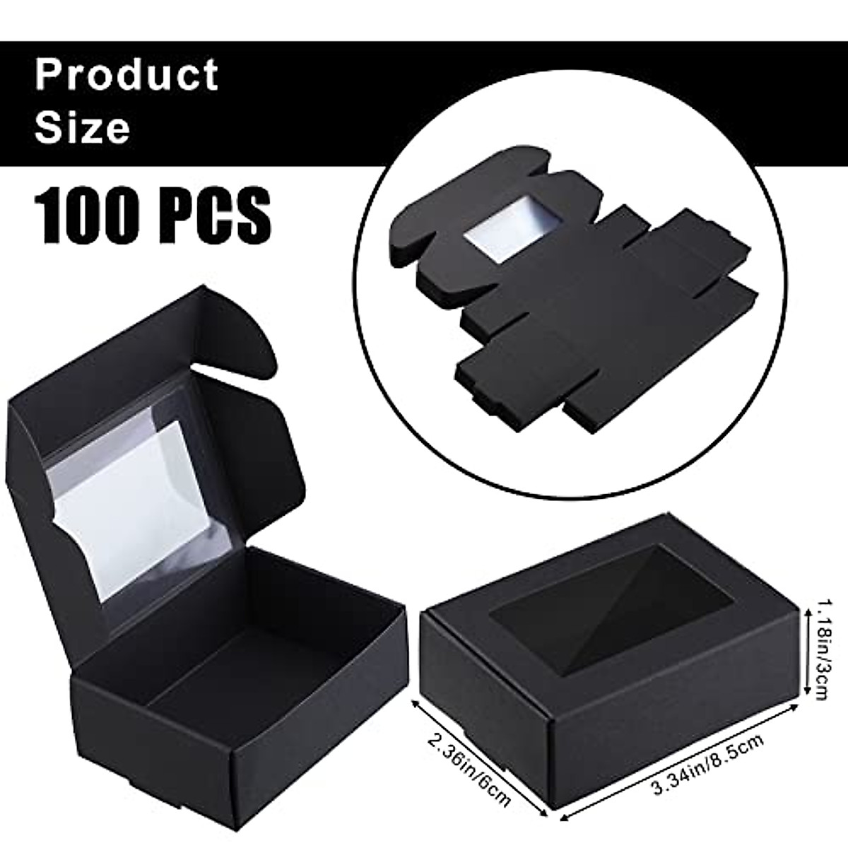 100 Pieces Soap Packaging Boxes Kraft Mini Paper Box with Window Present Packaging Box Treat Box for Homemade Soap Favor Treat Bakery Candy, 3.34 x 2.36 x 1.18 Inch(Black)