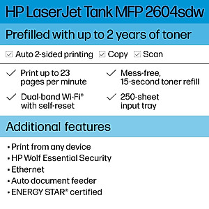 HP LaserJet Tank MFP 2604sdw Wireless Black & White Printer Prefilled With Up to 2 Years of Original HP Toner (381V1A)