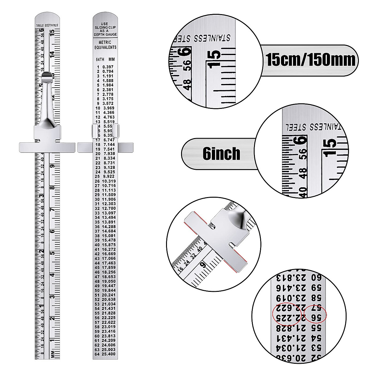 Pocket Ruler 6 Inch and 12 Inch Metal Rulers with Inch and Metric Graduation Stainless Steel Precision Ruler Measuring Tool for Engineering, School, Office