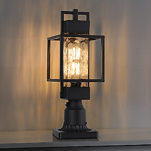 18" H Dusk to Dawn Outdoor Post Light Fixture Hardwired 120V, Waterproof Aluminum Pole Light with Pier Mount Base, Matte Black Exterior Lamp Post Lantern with Water Glass for Garden Yard Patio Path