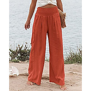 uSecee Linen Pants for Women Elastic High Waisted Wide Leg Palazzo Pants Casual Loose Long Lounge Pant Trousers with Pockets Orange