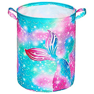 Beinou Mermaid Laundry Hamper 43.3L Waterproof Storage Basket Collapsible Toy Basket Canvas Organizer Basket with Handles for Kids Bedroom Baby Nursery Clothes