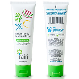 Rain Natural Baby Fluoride Free Kids Toothpaste Gel - Safe to Swallow Infant Toddler Tooth Paste, 2.8 Oz, Babies Training, Ages 6 to 12 months and Up Vitamin C Watermelon Toothpaste for Kids 0-6 years