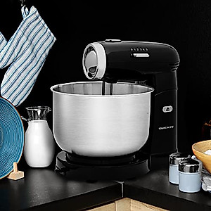 OVENTE Electric Kitchen Stand Mixer with 3.5-Quart Removable Stainless Steel Mixing Bowl, 5 Speed Control, 250-Watt Power, 2 Blender Attachment Egg Beater Whisk & Dough Hook Black SM680B