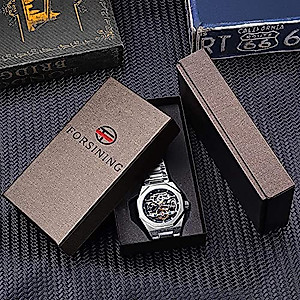 FORSINING Automatic Watch Mechanical Wrist Watch for Men Octagonal Waterproof Skeleton Watches Luxury Diamond Tourbillon Silver Stainless Steel Band